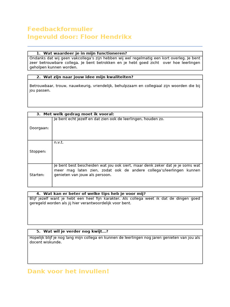 Feedback Ingevuld Door Floor Hendrikx | PDF