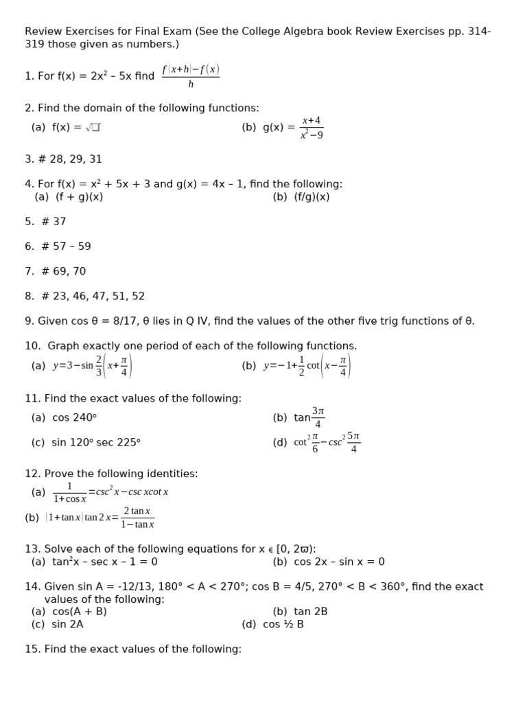 College Algebra Final Exam Review Exercises | PDF | Trigonometric ...
