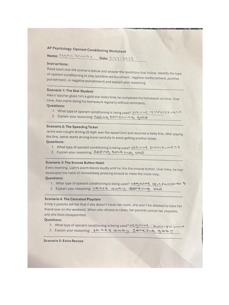 Operant Conditioning Worksheet | PDF