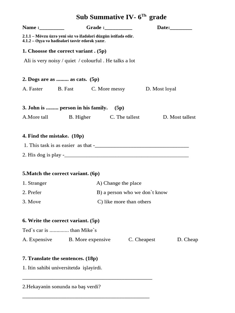 Sub Sumative IV-6 Grade | PDF