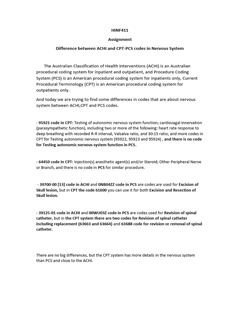 (Coding Assignment) Diff Between ACHI, CPT and PCS in Nervous System | PDF