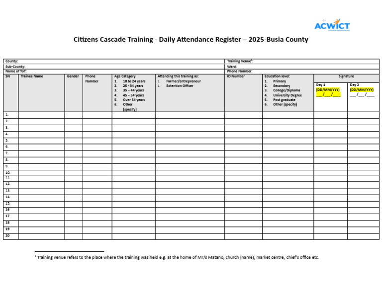 Daily Attendance Register To Be Printed and Completed by Citizens | PDF