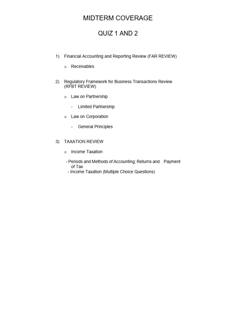 Midterm Quiz 1 and 2 Coverage - (Far, RFBT and Tax Review) | PDF