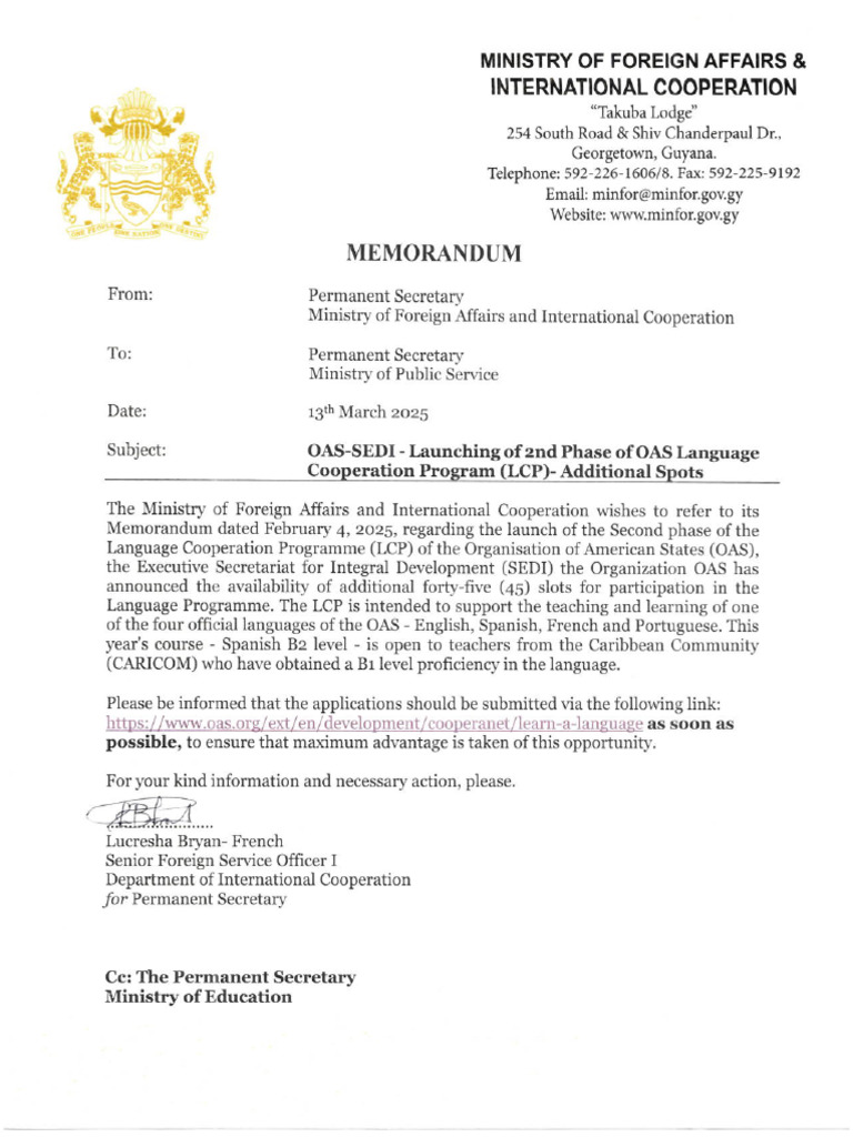 Memo To PSM - OAS Sedi Language Cooperation Program - Available Spaces ...