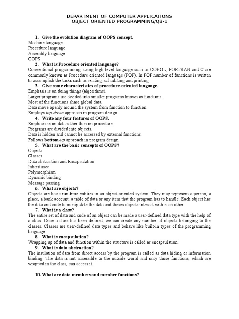 Department Of Computer Applications Object Oriented Programming Qb 1 Pdf Object Computer