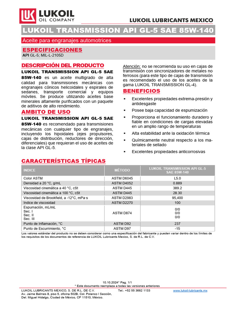 Tds Lukoil Transmission API Gl-5 Sae 85w-140 Esp 10.10.2024 | PDF | Engranaje | Materiales