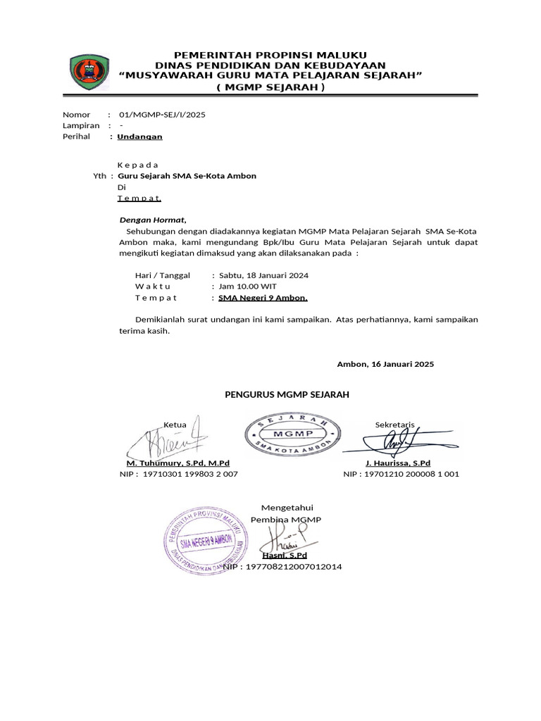 Surat MGMP Sejarah 1 | PDF