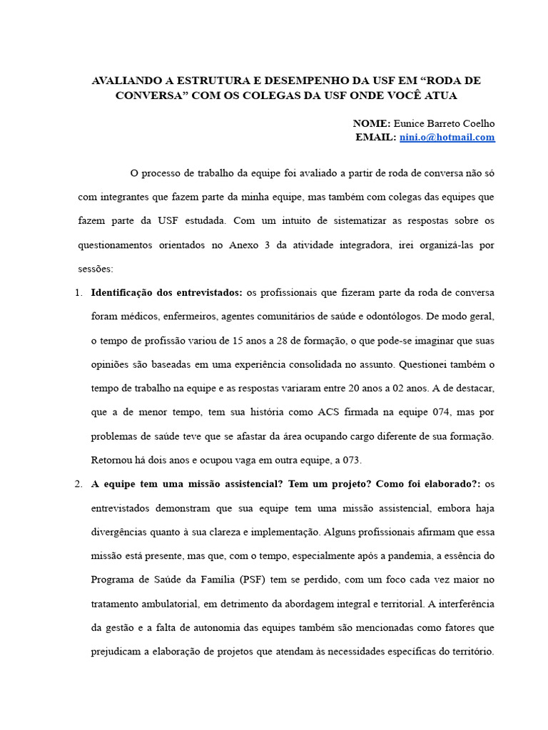 Avaliação do Desempenho da USF em Saúde | PDF | Enfermagem | Comunicação