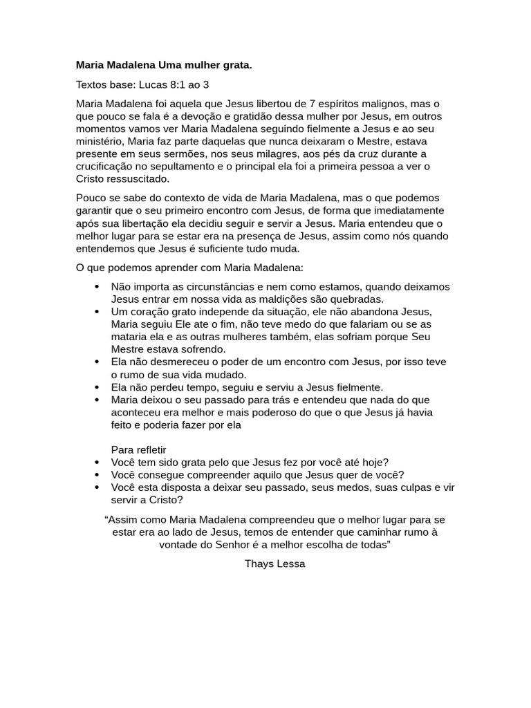 Maria Madalena Uma Mulher Grata | PDF