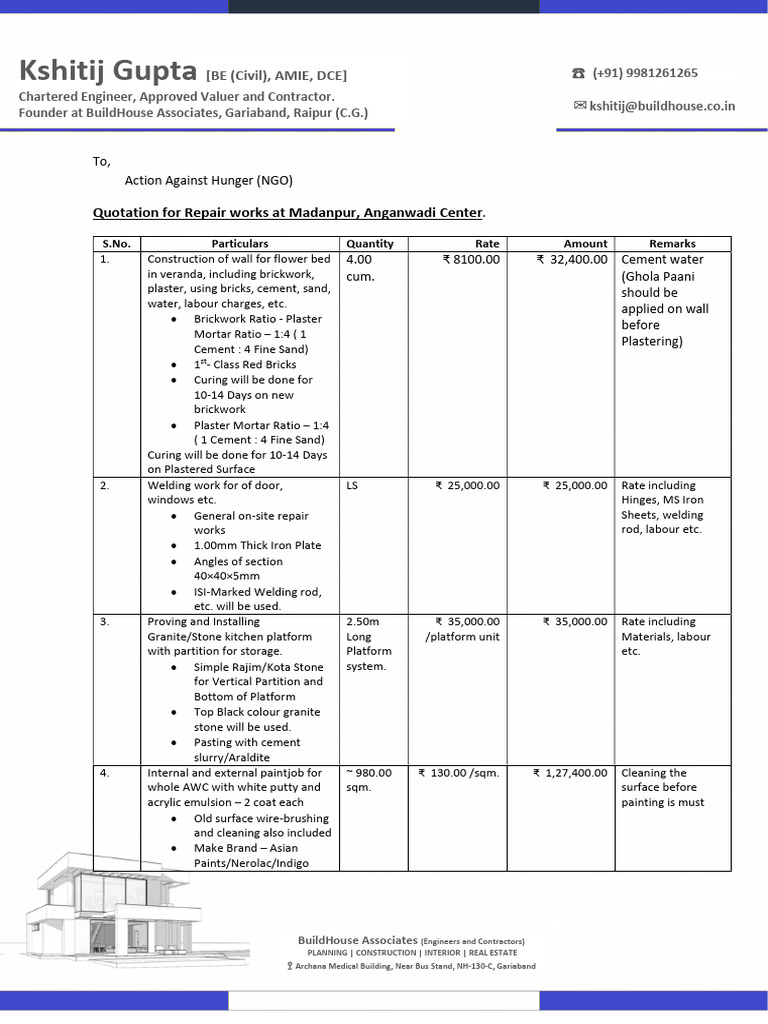 Madanpur Quotation - Kshitij Gupta | PDF | Plaster | Mortar (Masonry)