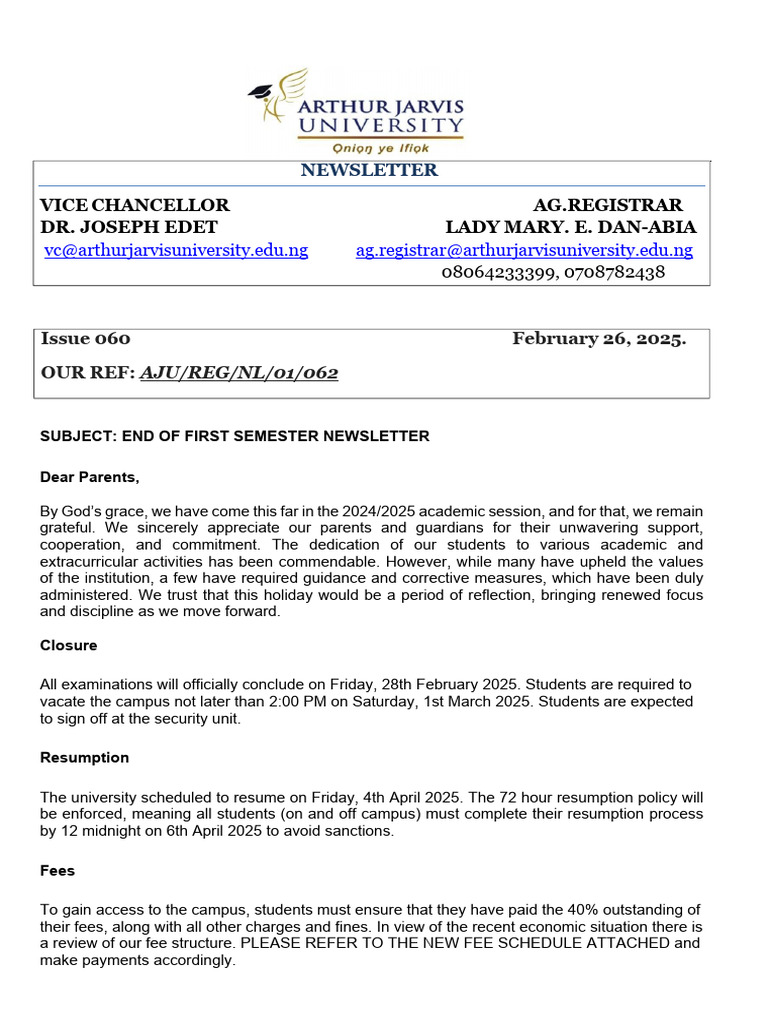 Newsletter For End of First Semester-Merged | PDF | Fee