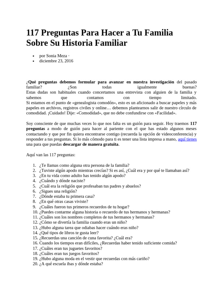 117 Preguntas para Conocer tu Historia Familiar | PDF