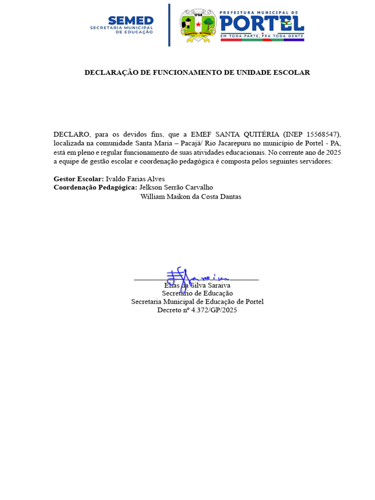 Declaração de Funcionamento Santa Quitéria | PDF