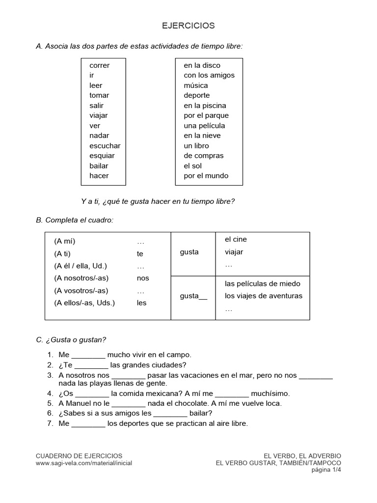 Ejercicios sobre el verbo "gustar" | PDF