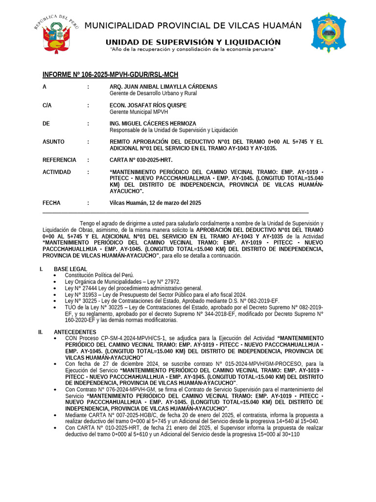 Informe Nº106 Aprobación Del Deductivo Del Tramo 0+00 Al 5+740 y El Adicional de Servicio en El ...