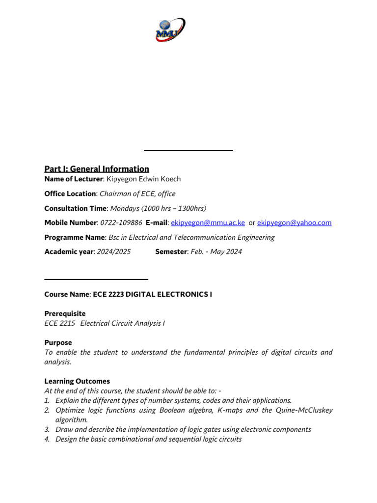 Digital Electronics I Course Outline | PDF | Logic Gate | Boolean Algebra