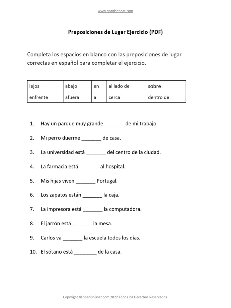 Preposiciones de Lugar Ejercicio | PDF