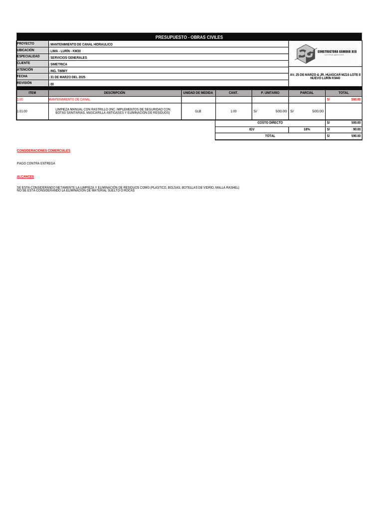 Ppto - Mantenimiento de Canal - KM29.5 - Rev00 - 31-03-2025 | PDF