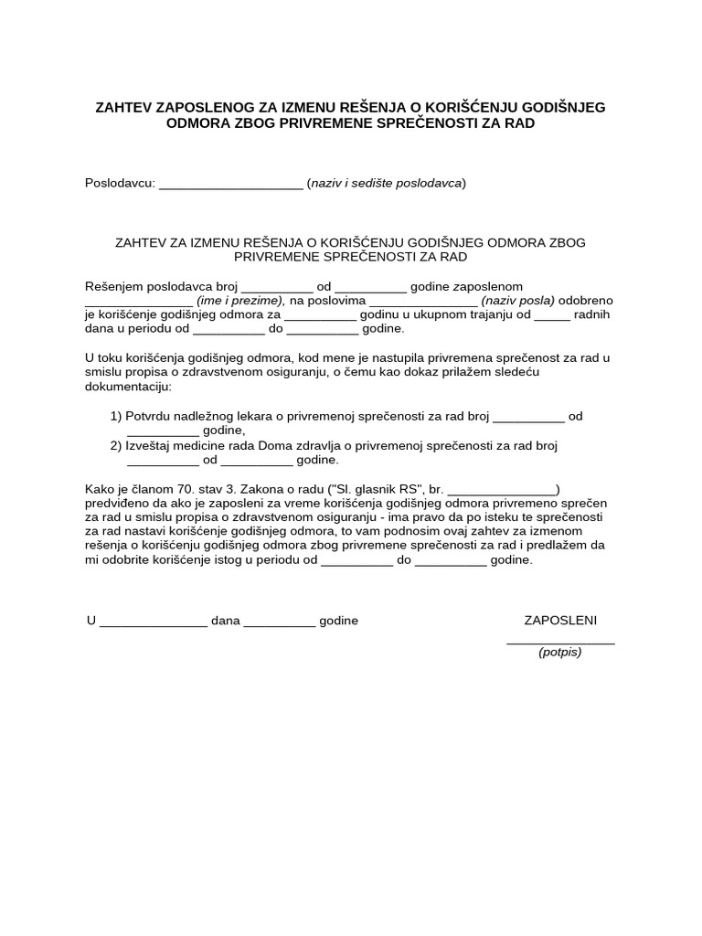 zahtev-zaposlenog-za-izmenu-resenja-o-koriscenju-godisnjeg-odmora-zbog-privremene-sprecenosti-za ...