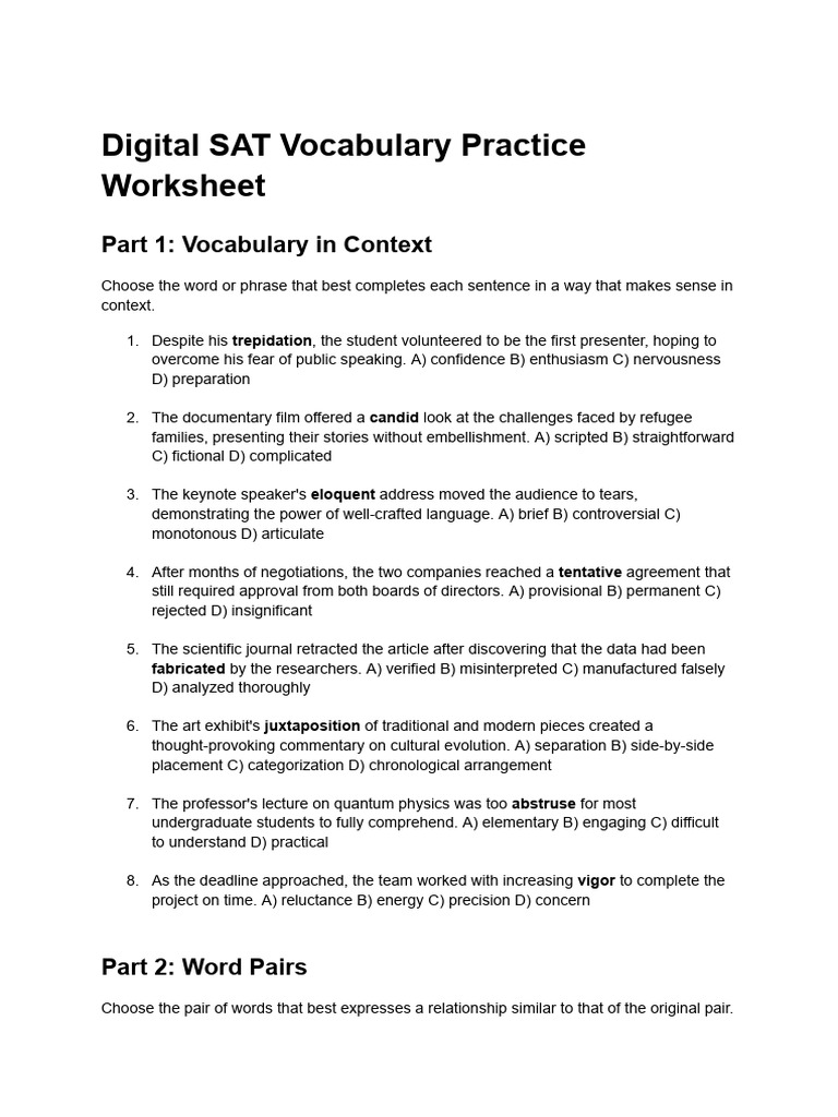 Digital SAT Vocabulary Practice Worksheet-1 | PDF