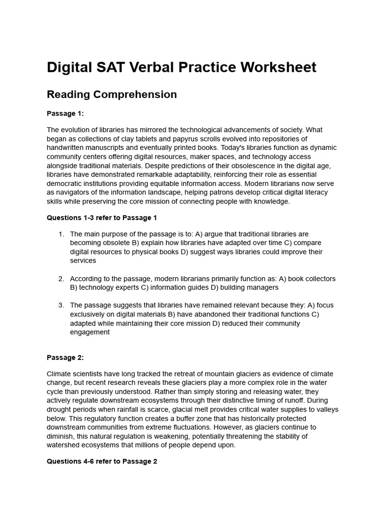 Digital SAT Verbal Practice Worksheet | PDF | Libraries | Glacier