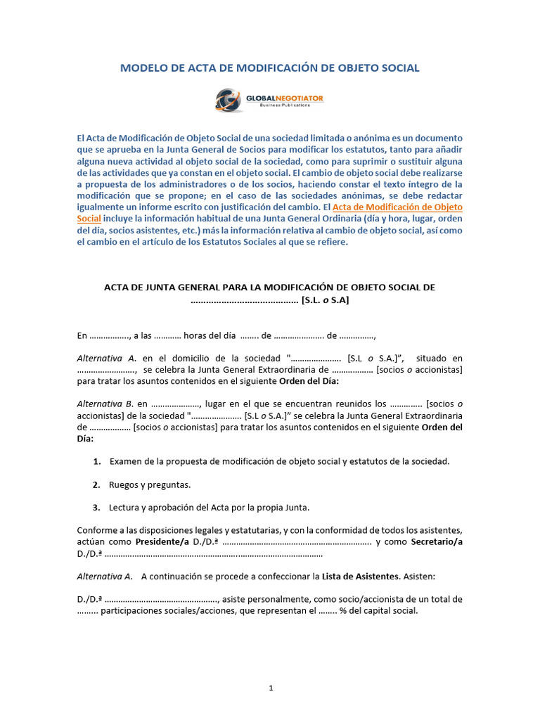 Modelo Acta Modificacion Objeto Social Sociedad Limitada | PDF ...
