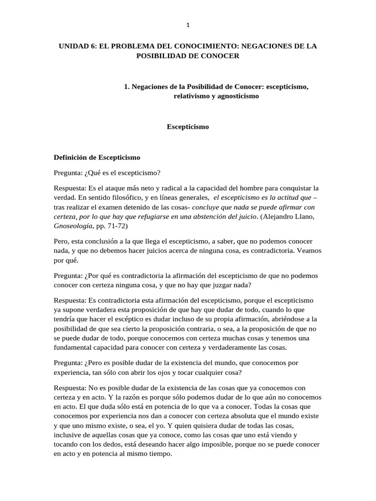 Unidad 6 El Problema Del Conocimiento-Negaciones de La Posibili Conocer | PDF | Escepticismo ...