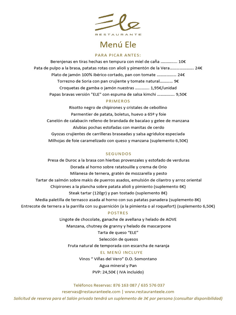 Menú del Restaurante Ele en Zaragoza | PDF | Cocina mediterranea ...