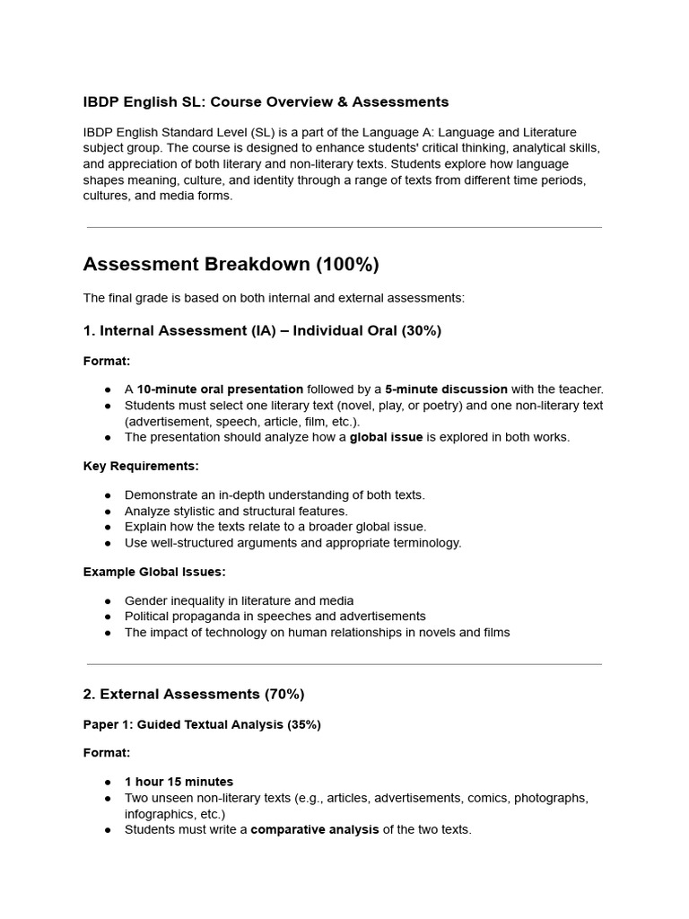 IBDP English SL Course Overview & Assessments | PDF | Essays | Human ...