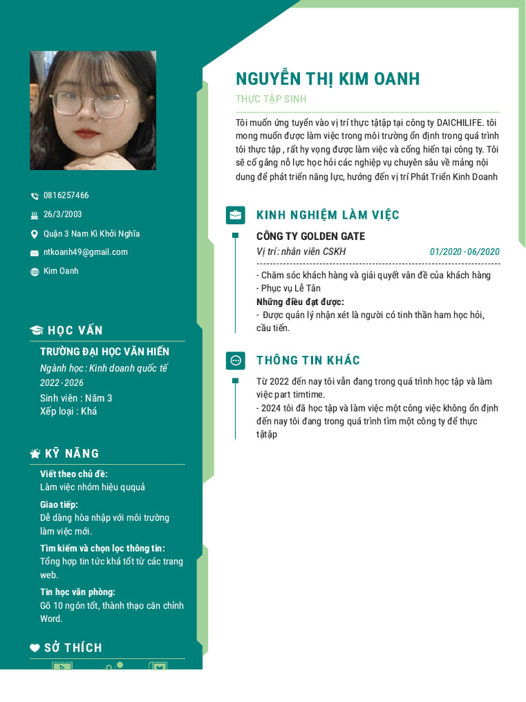 Nguyễn Thị Kim Oanh: Kinh Nghiệm Làm Việc | PDF