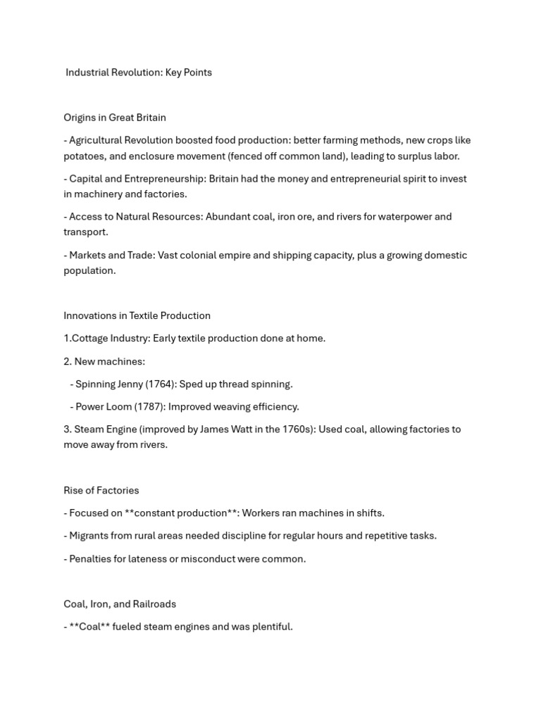 Industrial Revolution Key Points | PDF | Industrial Revolution | Labour ...