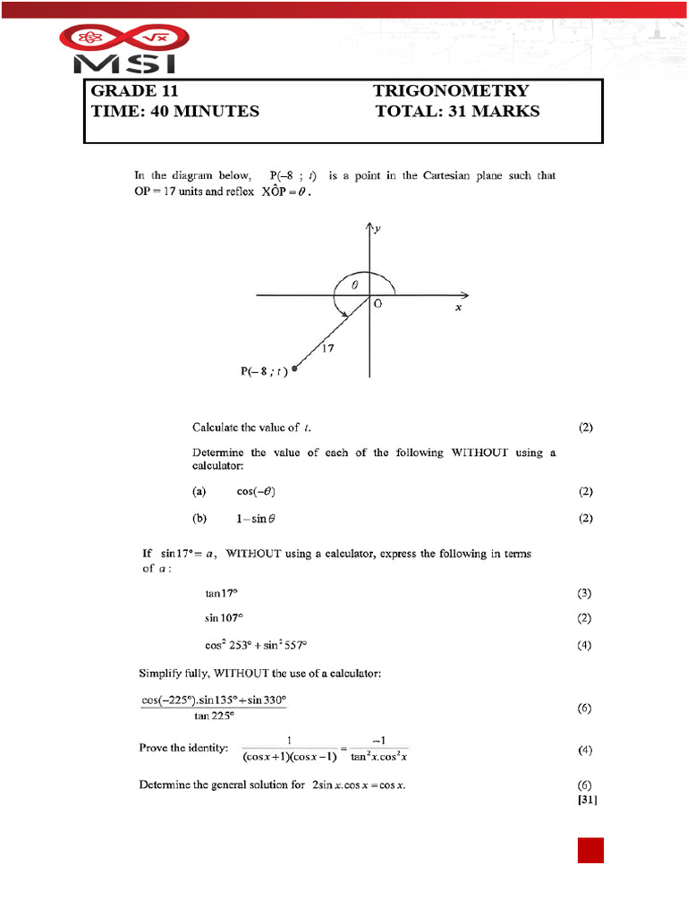 Grade 11 Trigonometry Test 1 | PDF