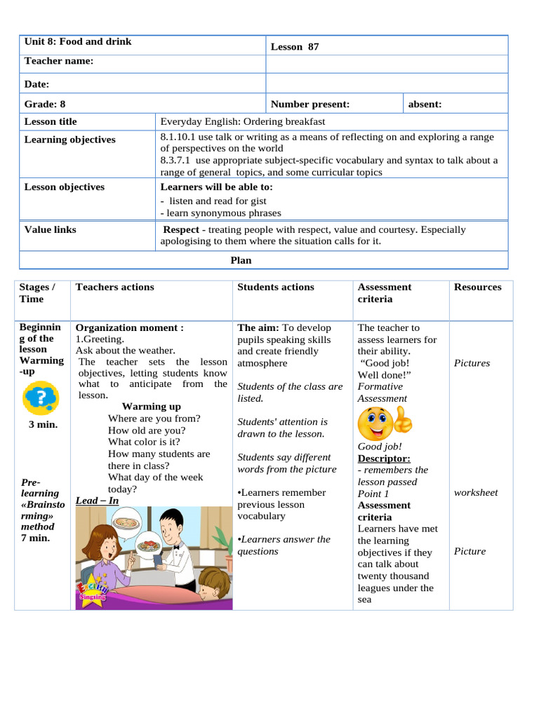 Excel 8 4-четв new | PDF | Curriculum | Lunch