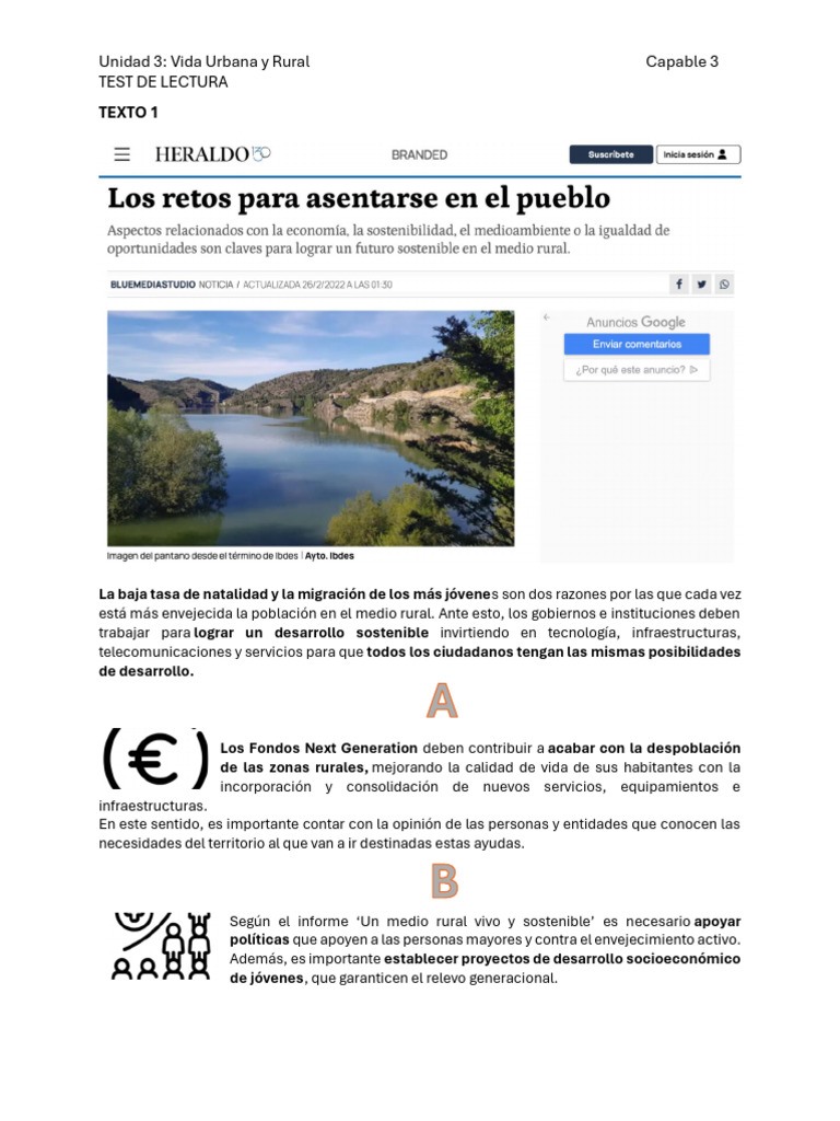 Reading Test Vida Rural y Urbana TEXT | PDF | Área rural | Infraestructura