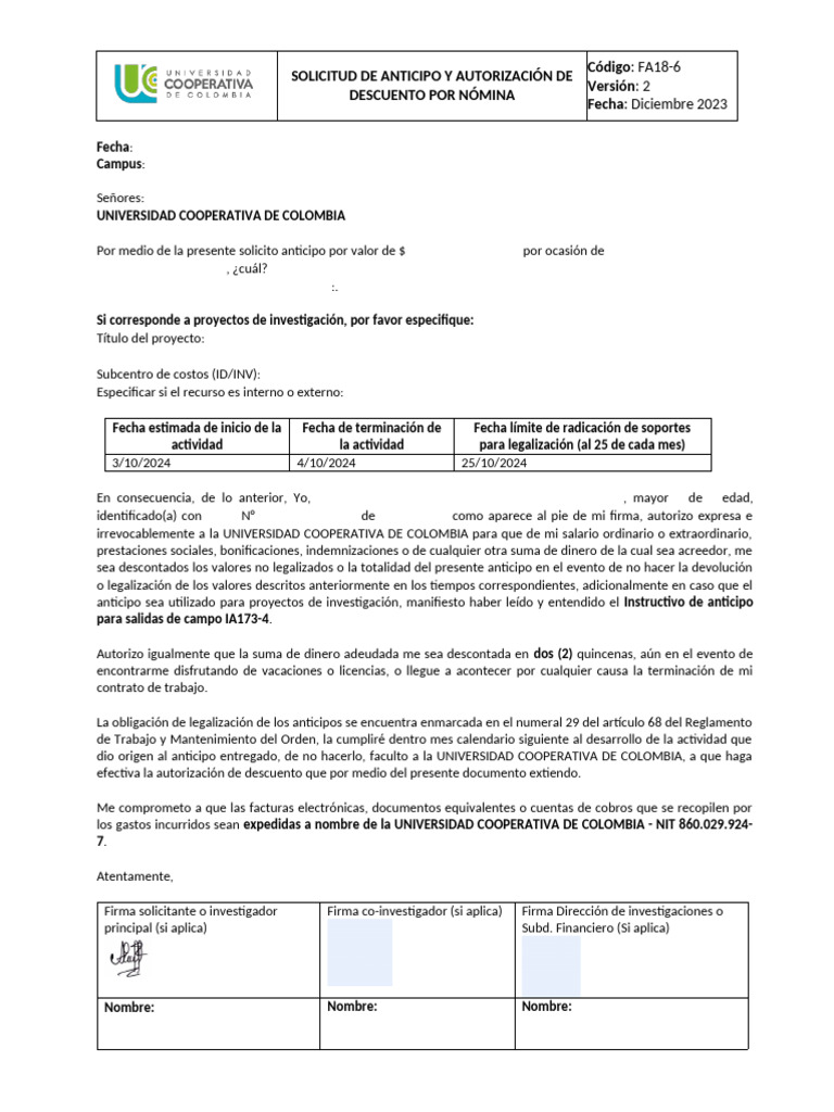 Formato Autorización Anticipo - Arleth Manjarres Tete - 2024-2 | PDF