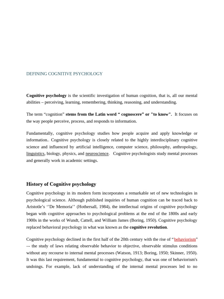 Overview of Cognitive Psychology Concepts | PDF | Psychology | Cognition