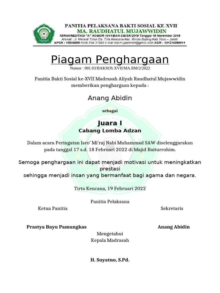 Piagam Penghargaan | PDF