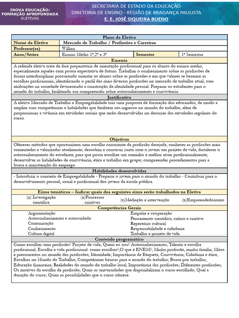 Plano - Eletivas 2025 em | PDF | Economia do trabalho | Aprendizado
