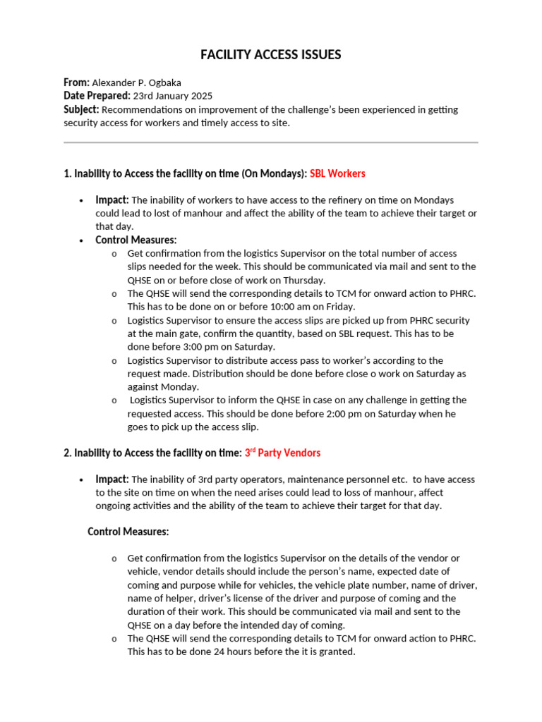 Facility Access Improvement Recommendations | PDF | Logistics