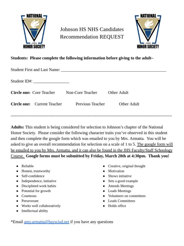 NHS Recommendation Request 2025 - Google Docs | PDF