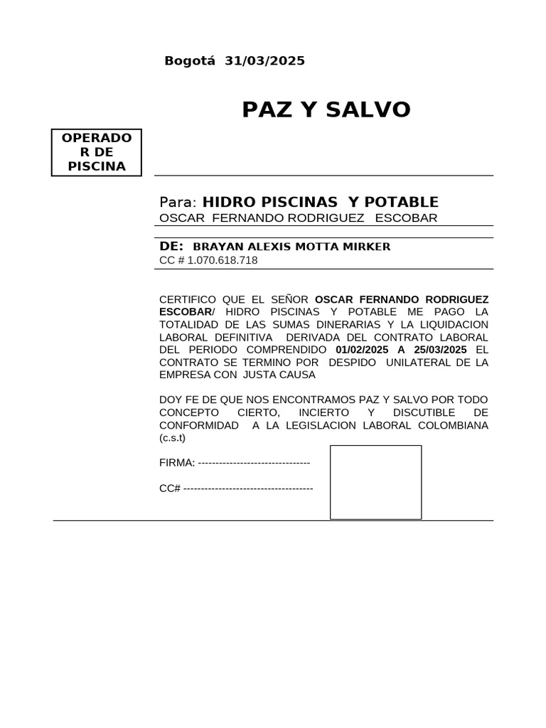 Paz y Salvo Oscar y Brayan Motta | PDF