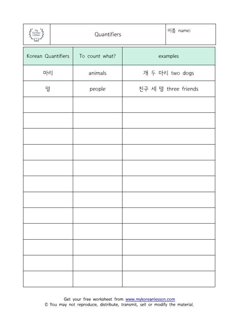 Quantifier Organizer - MY KOREAN LESSON | PDF