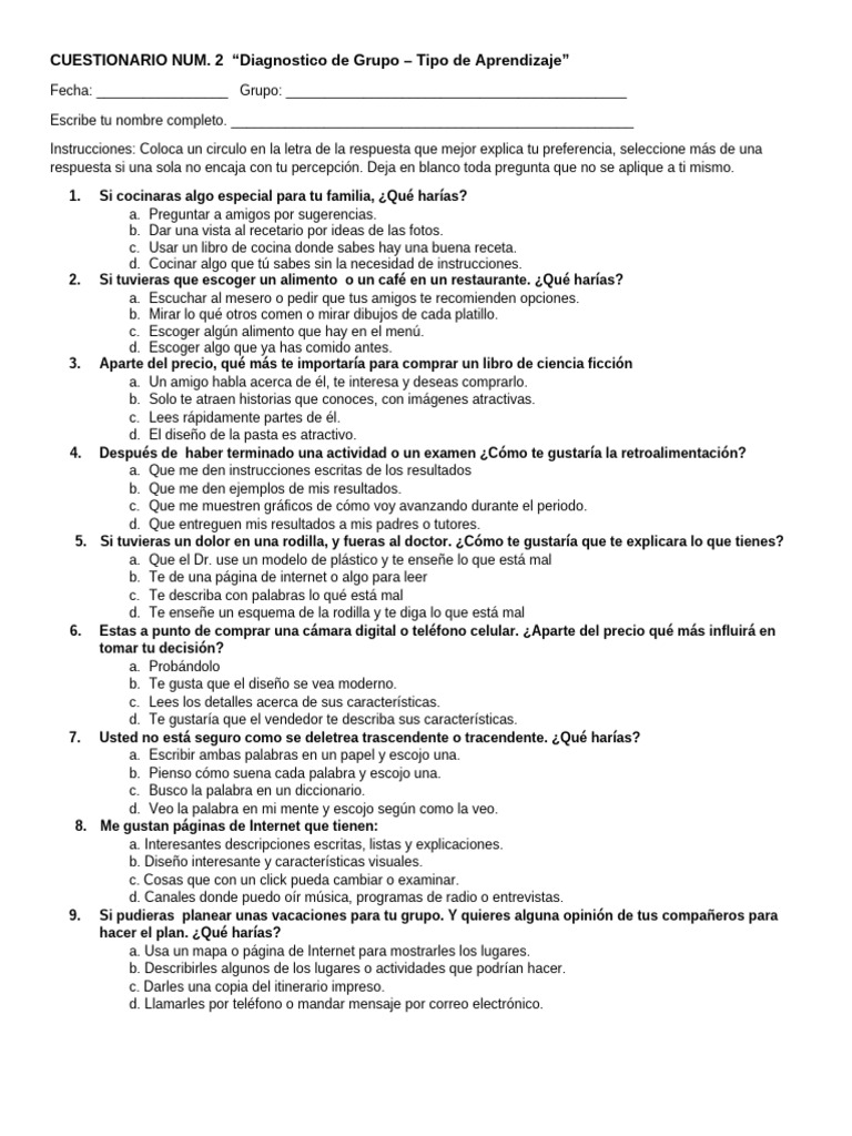 Cuestionario Vark | PDF | Libros | Internet