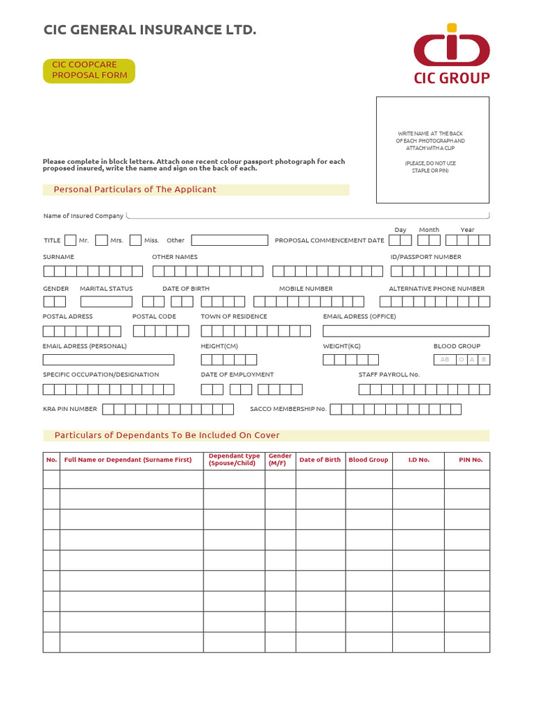 CIC Medical Insurance Proposal Form | PDF | Heart | Kidney