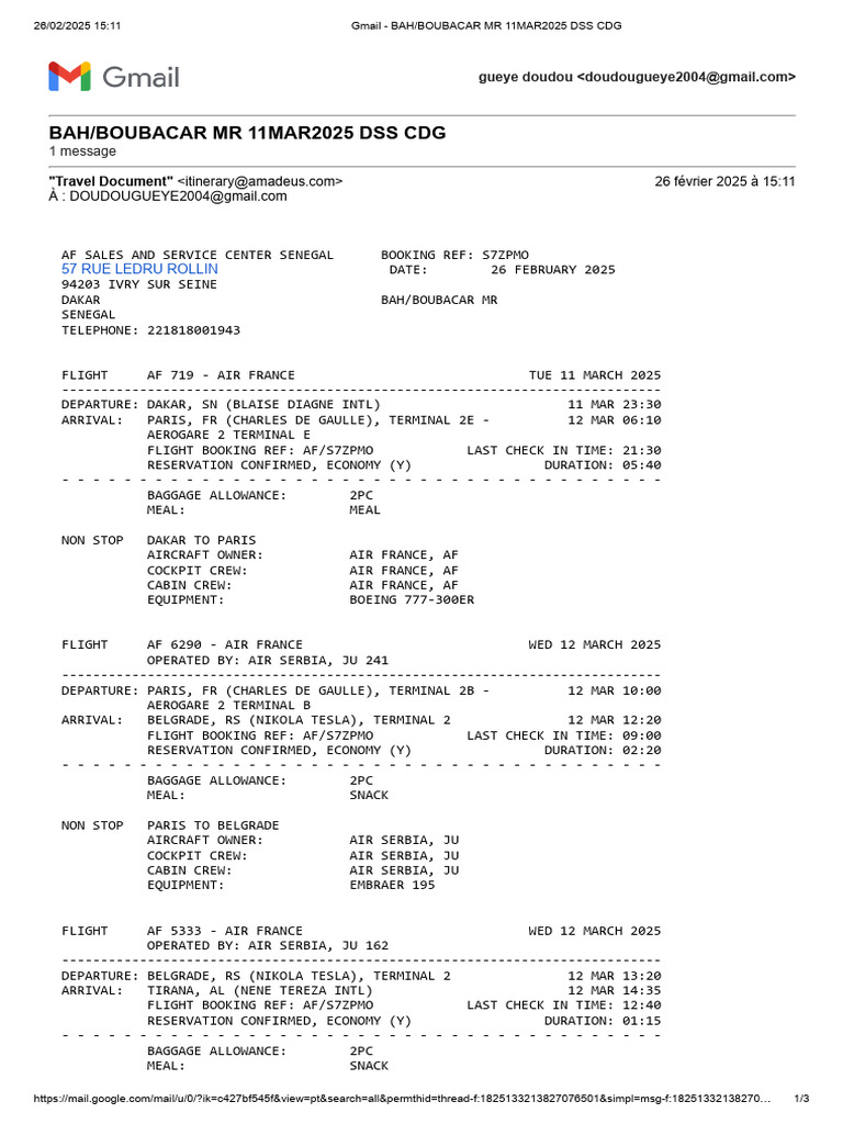 Tickets Bah - Boubacar MR 11mar2025 DSS CDG | PDF | Aircraft | Aviation
