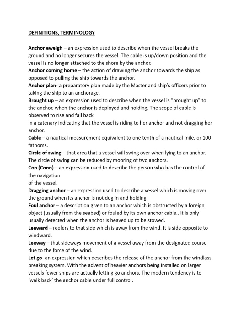 Mooring and Anchoring Terminology | PDF | Anchor | Water Transport