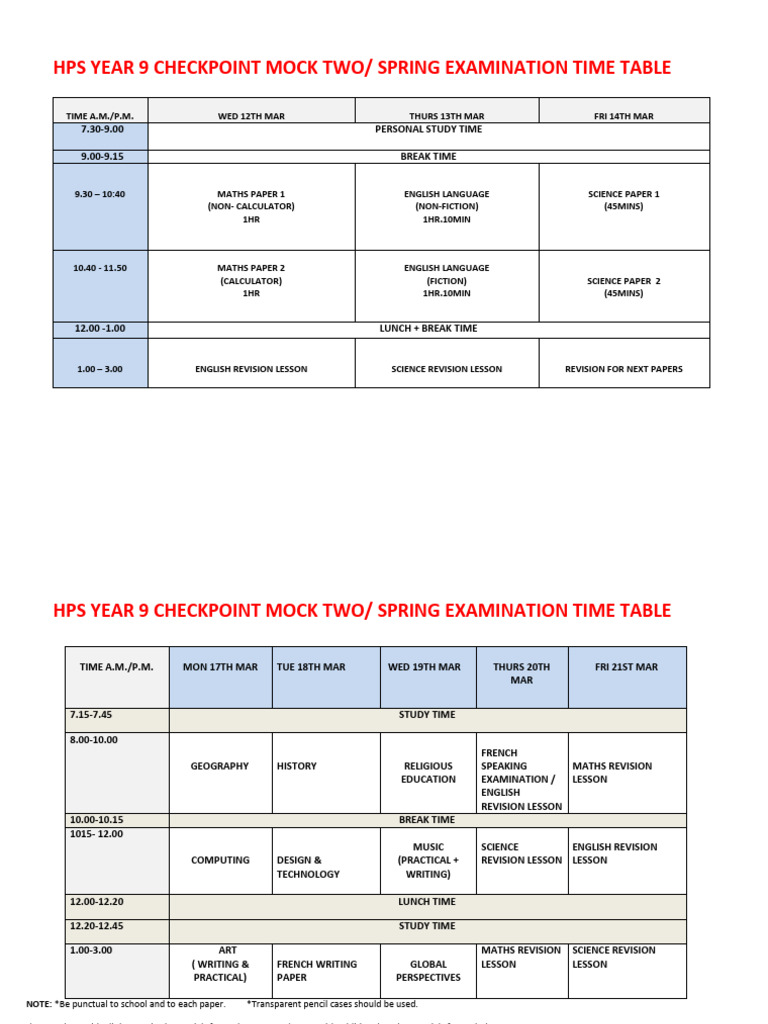 HPS Year 9 Checkpoint Mock Exam II Timetable | PDF