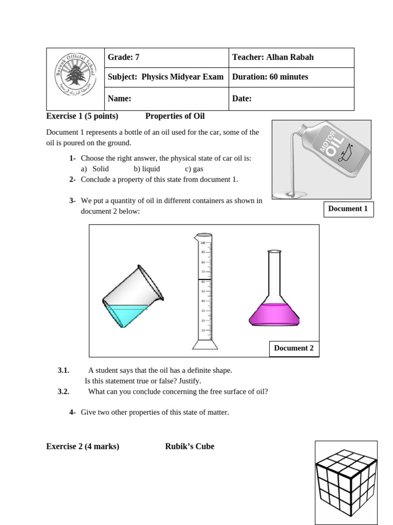 Grade 7 Physics Midyear Exam Guide | PDF | Density | Volume