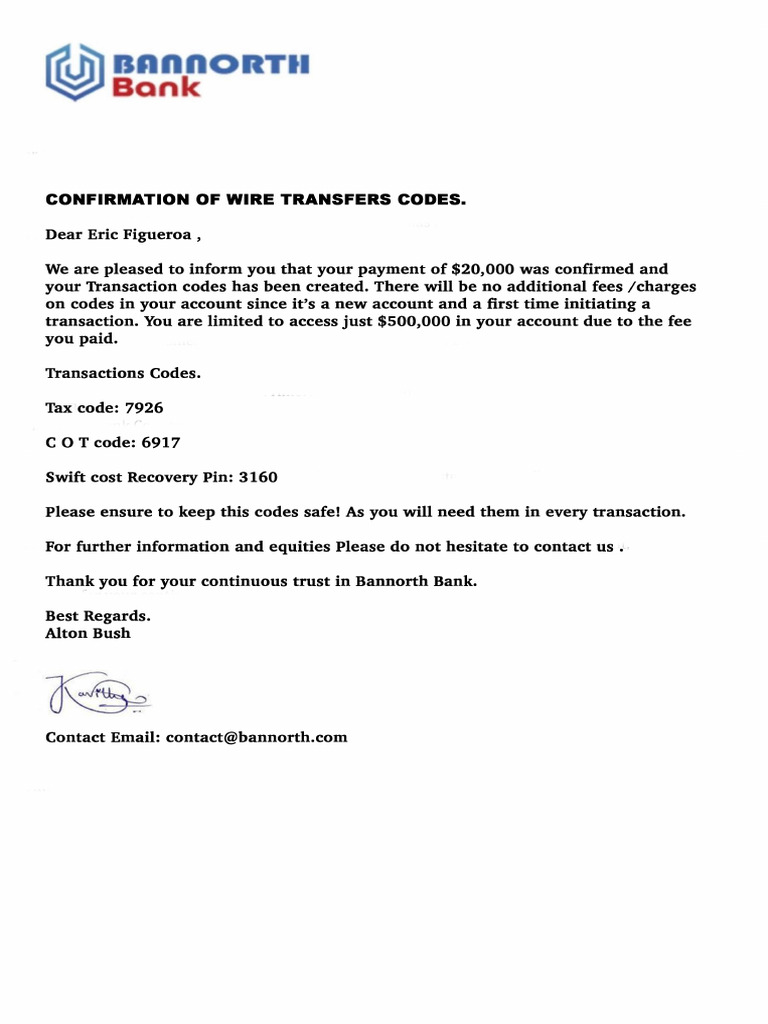 001 The Bannorth Bank - Conifrmation of Wire Transfer | PDF