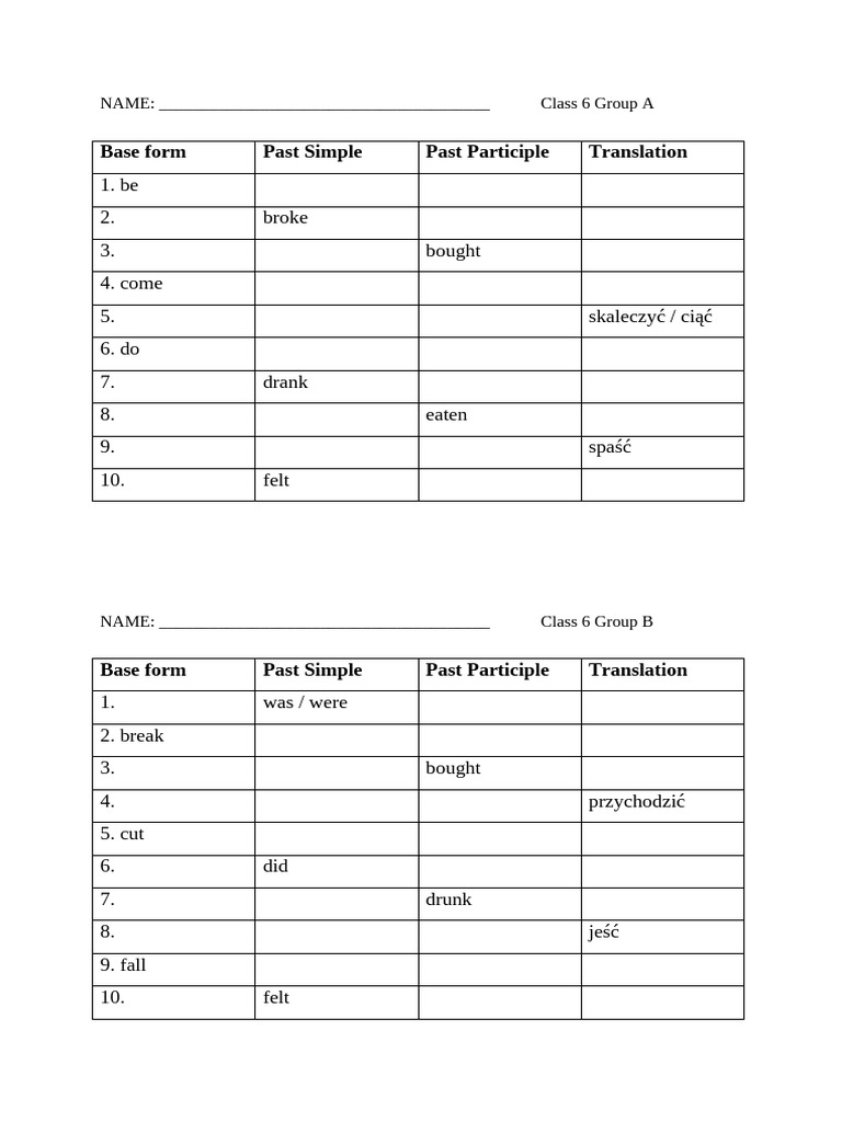 Irregular Verbs Kl. VI I Part I | PDF